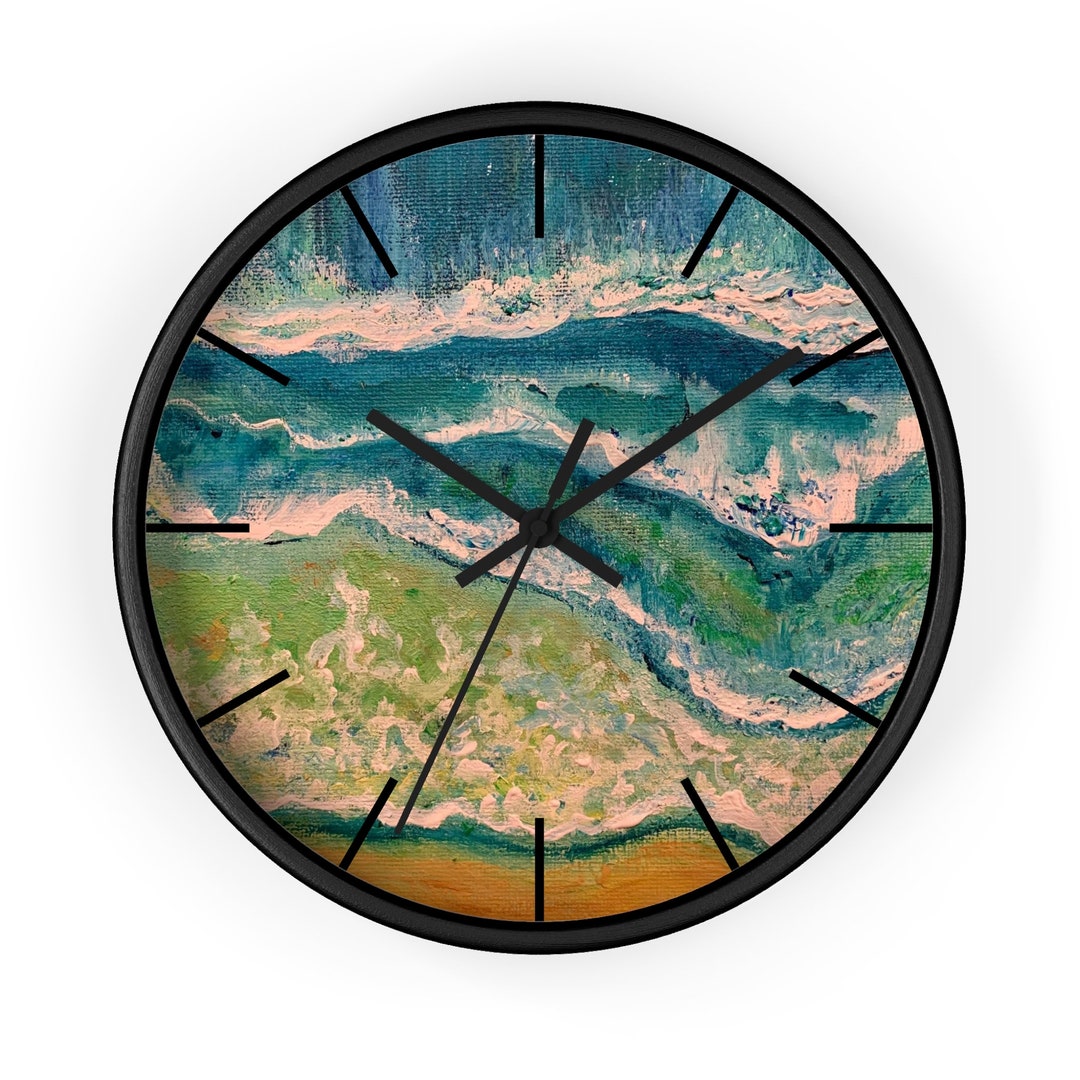 Beach View Sea Ocean Waves Waves Clock Pink Sky Fluffy Clouds Wall ...