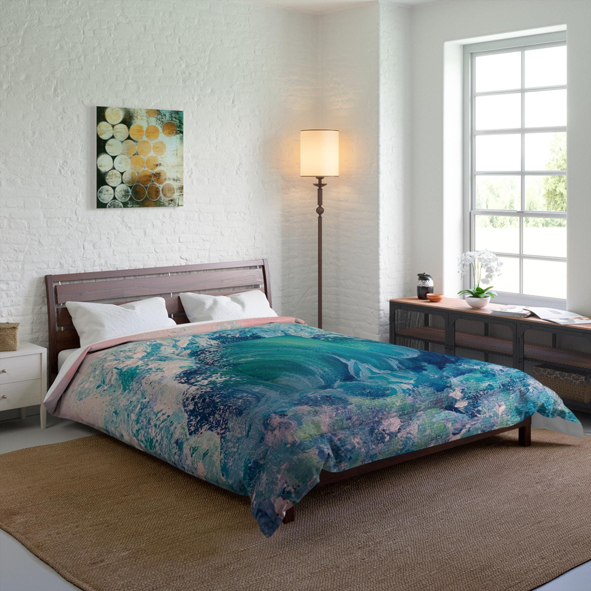 Pink Sky Emerald Green Comforter Sea Blue Sea Ocean Wave Coast Beach ...