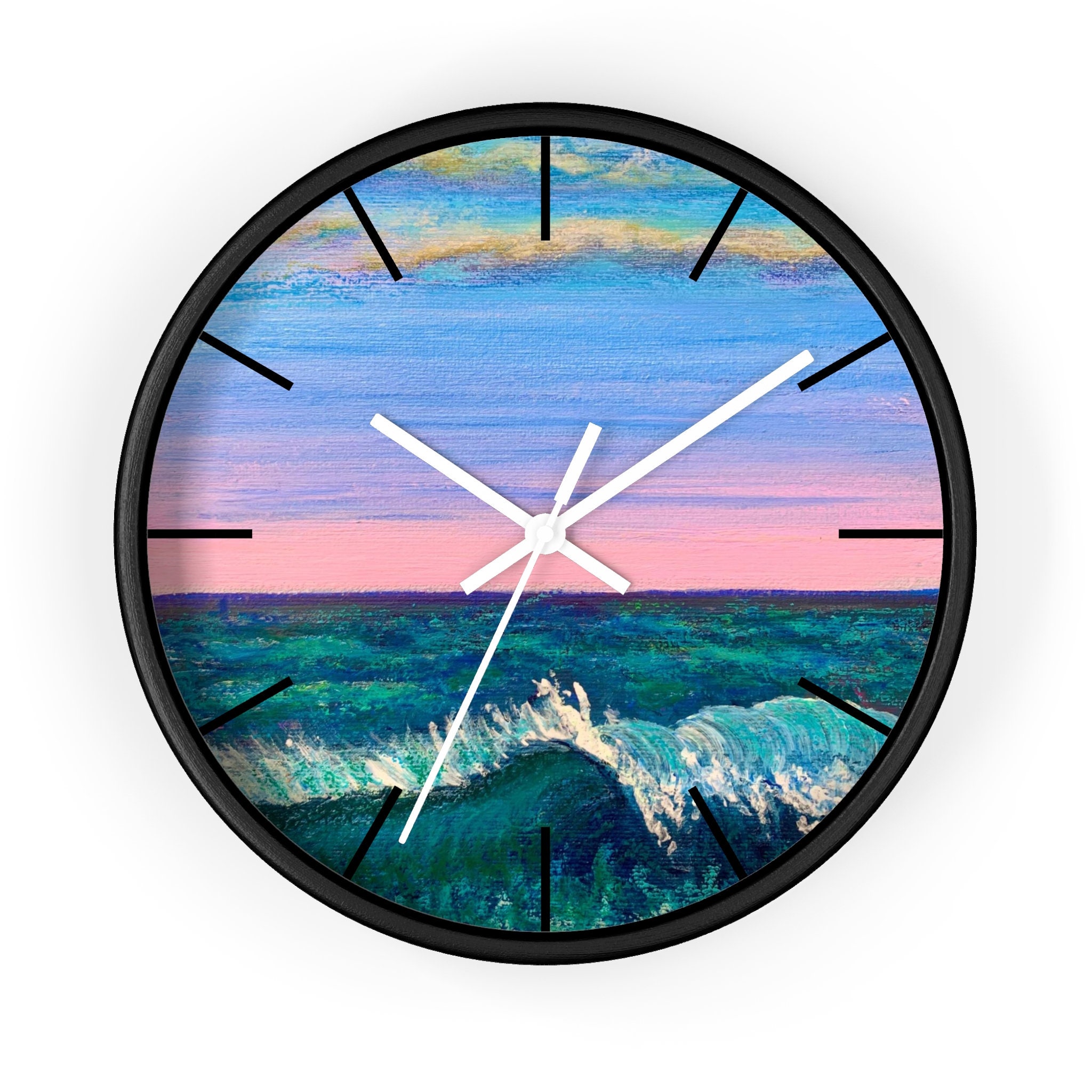 Pink Sunset Clock Large Wave Sky Fluffy Clouds Sea Ocean Coastal Lilac ...