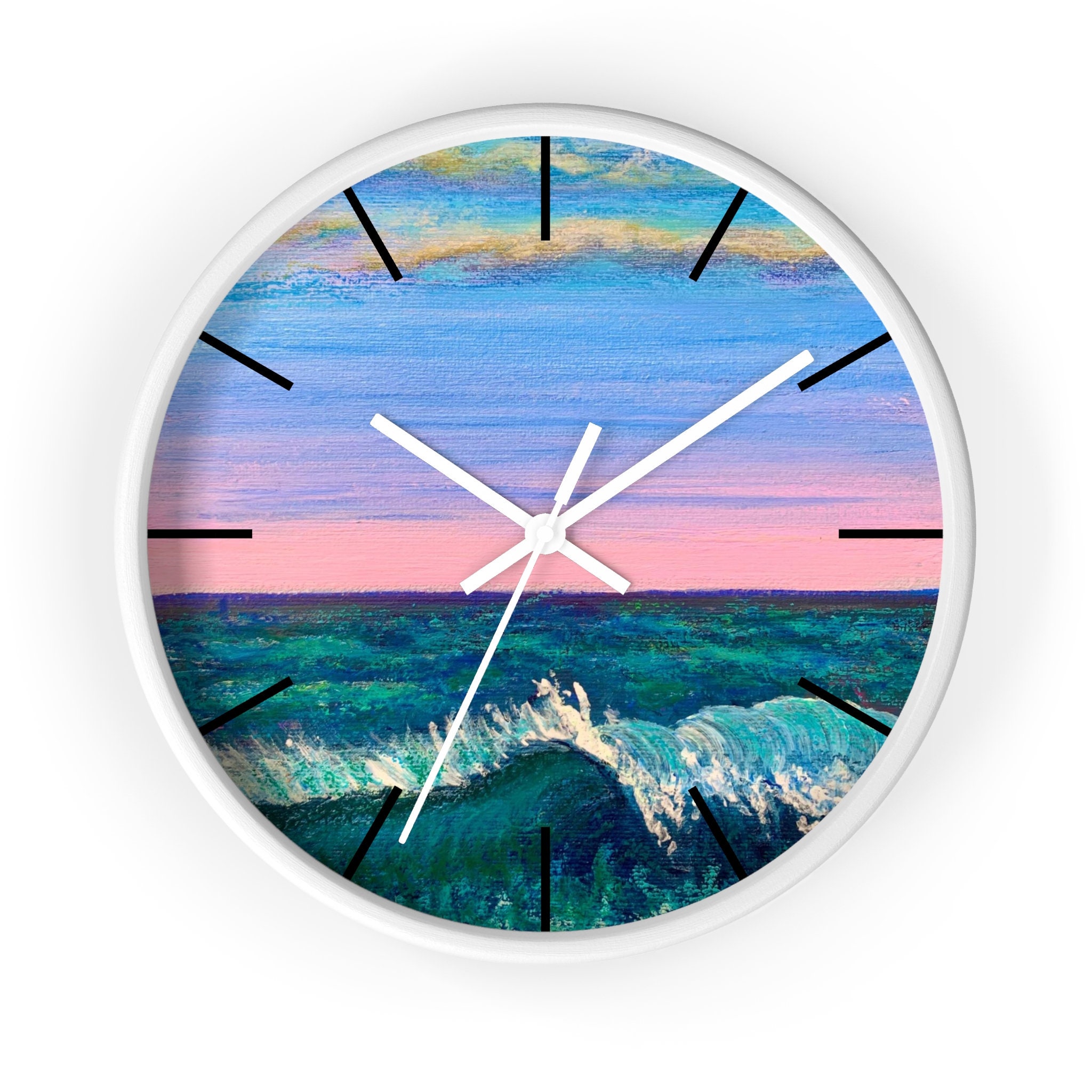Pink Sunset Clock Large Wave Sky Fluffy Clouds Sea Ocean Coastal Lilac ...