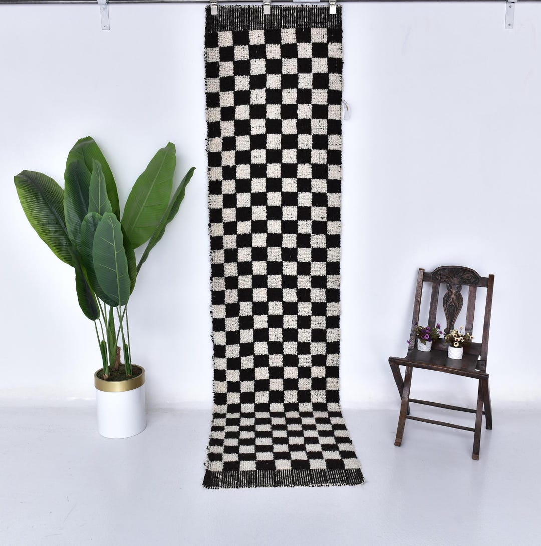 White Black Checkered Runner Rug, Hallway Runner, Kitchen Runner ...