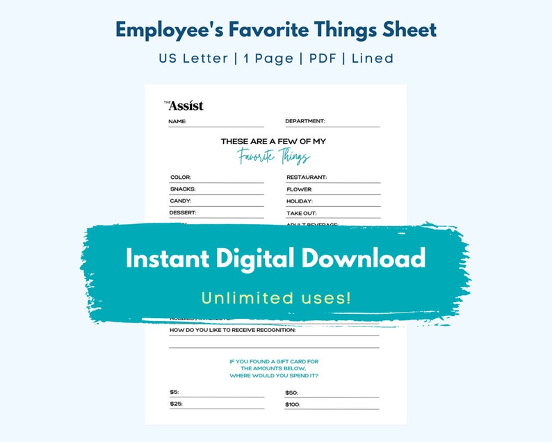 Employee Favorite Things List | 1 Page PDF Download - Etsy