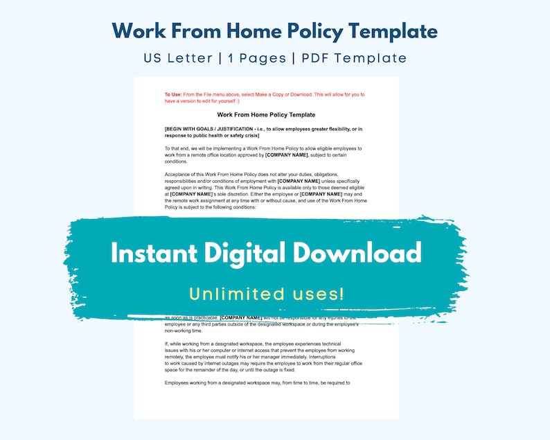 Work From Home WFH Policy Template | Company Policies | PDF Printable ...