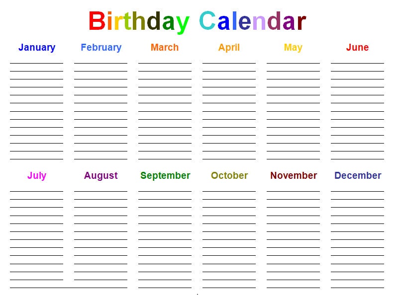 Editable Birthday Calendar - Customizable, Easily Printable - Microsoft ...