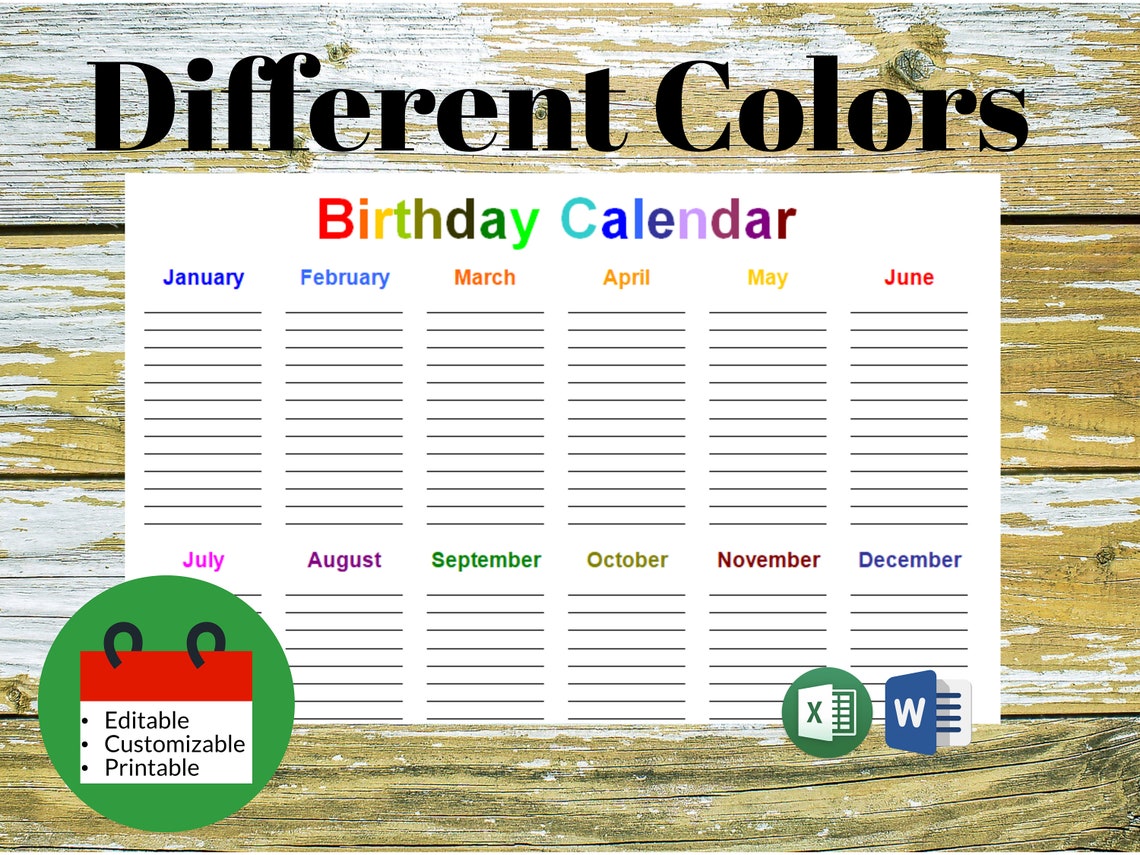 Editable Birthday Calendar - Customizable, Easily Printable - Microsoft ...