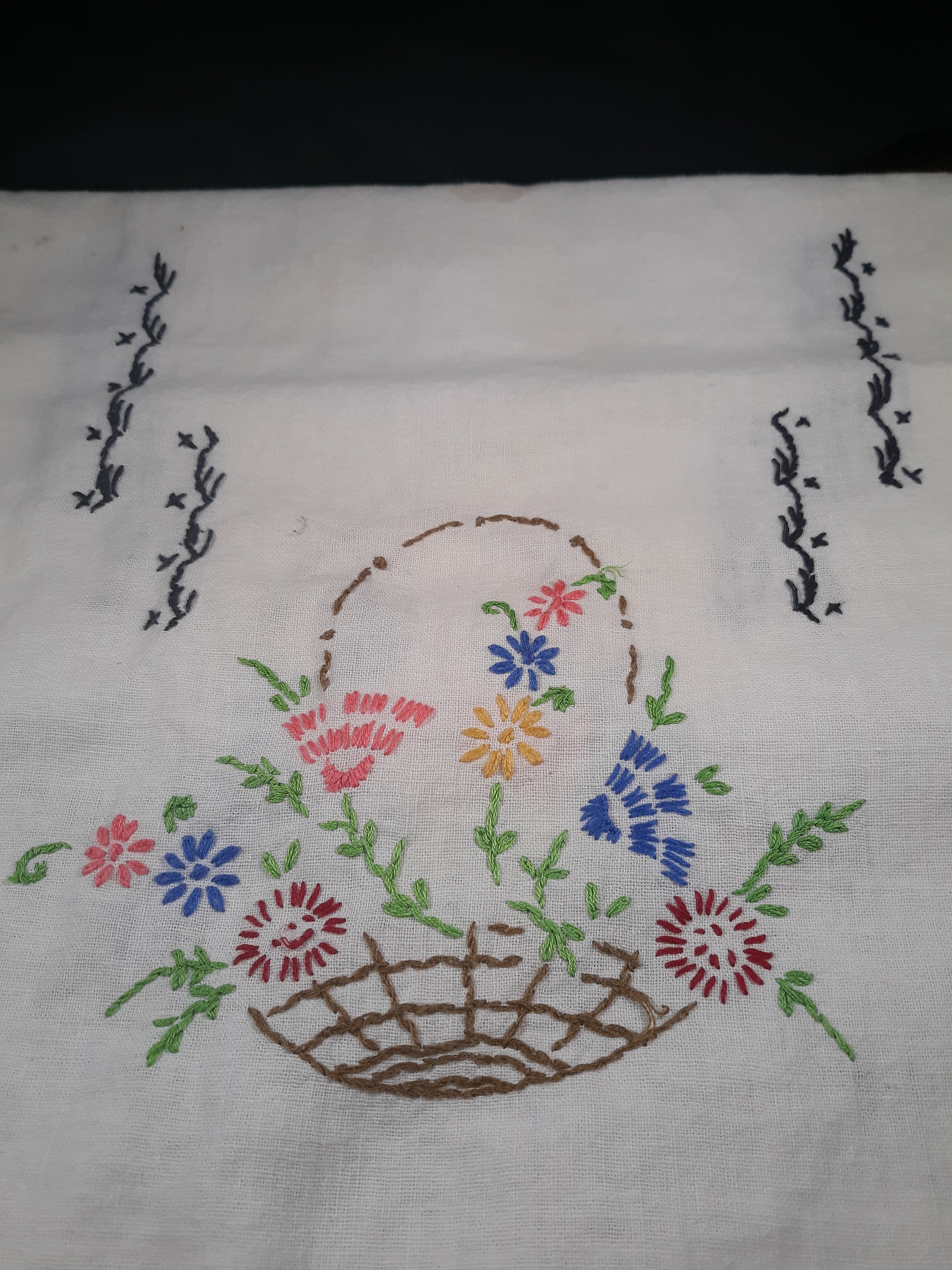 Vintage Hand Embroidered Table Scarf Showing a Basket of Flowers, Linen ...