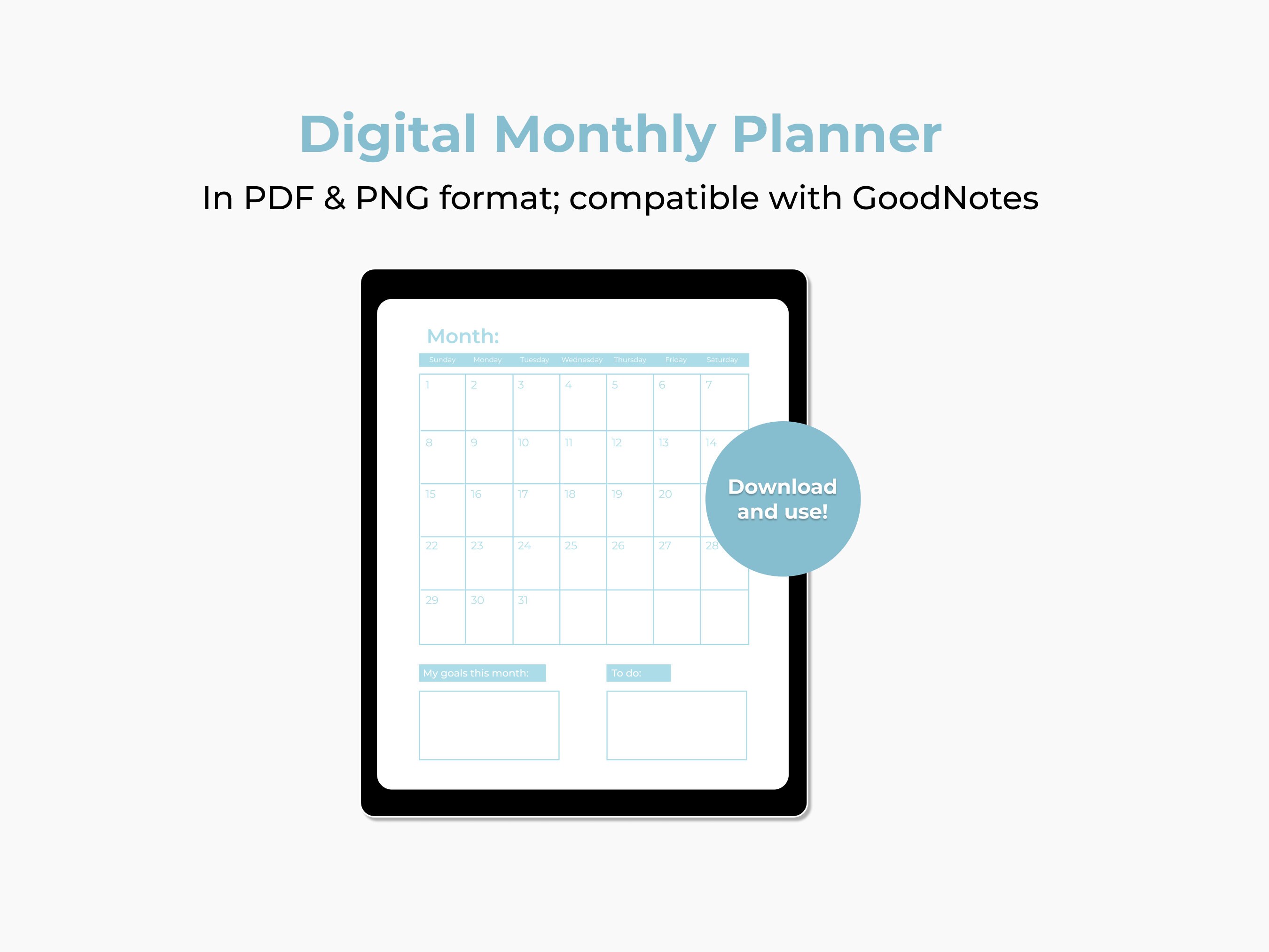 Printable Digital Downloadable Calendar | Monthly Planner Goodnotes ...