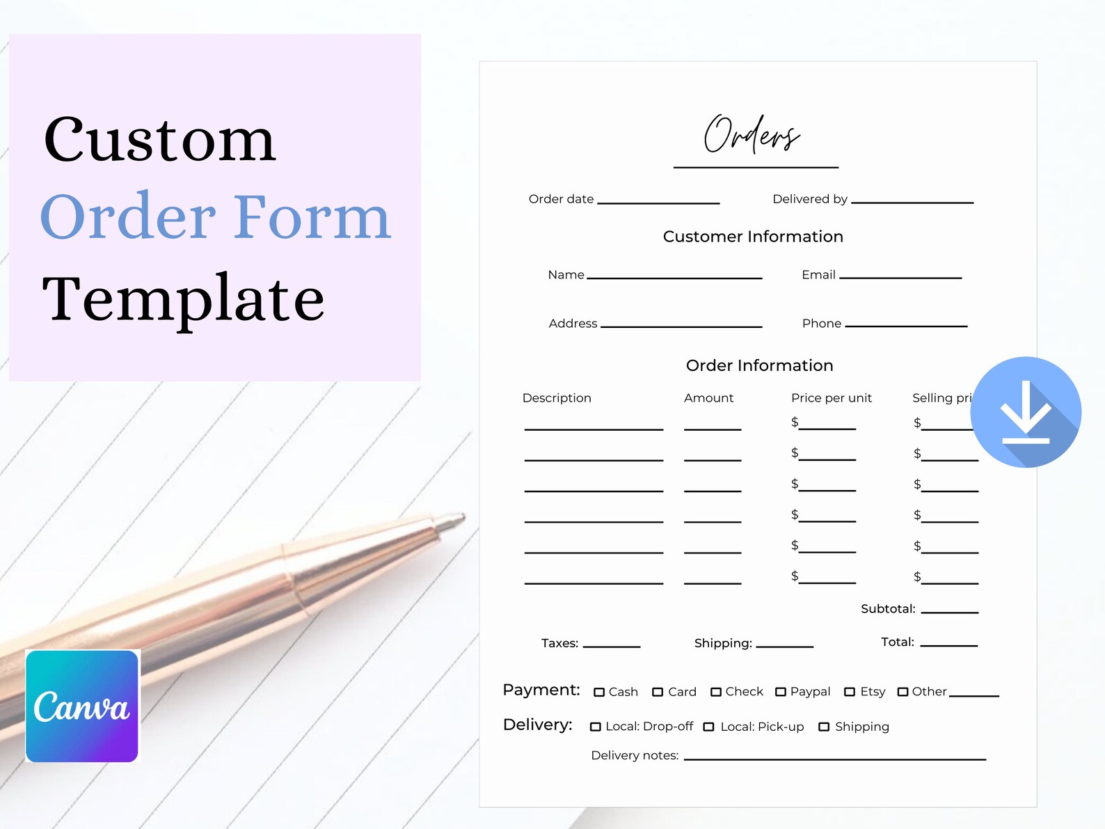 Editable Order Form | Order Form Template | Printable Etsy Shop ...