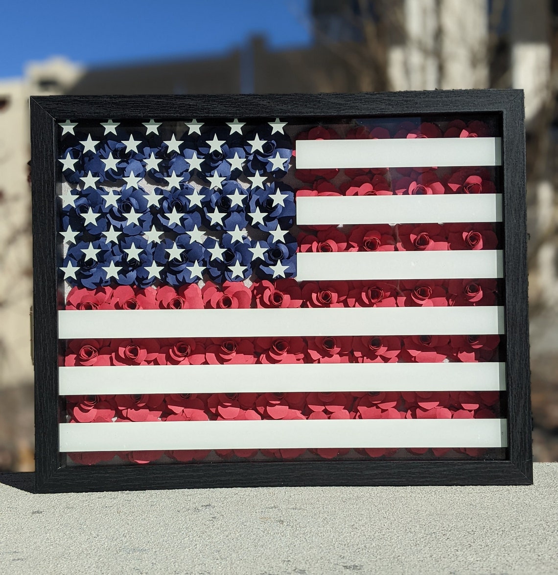 American Flag Paper Rose Shadow Box, Flag Shadow Box, Patriotic Shadow ...