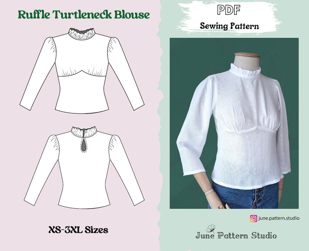 Ruffle Turtleneck Blouse Sewing Pdf Pattern 3/4 Long Sleeve - Etsy
