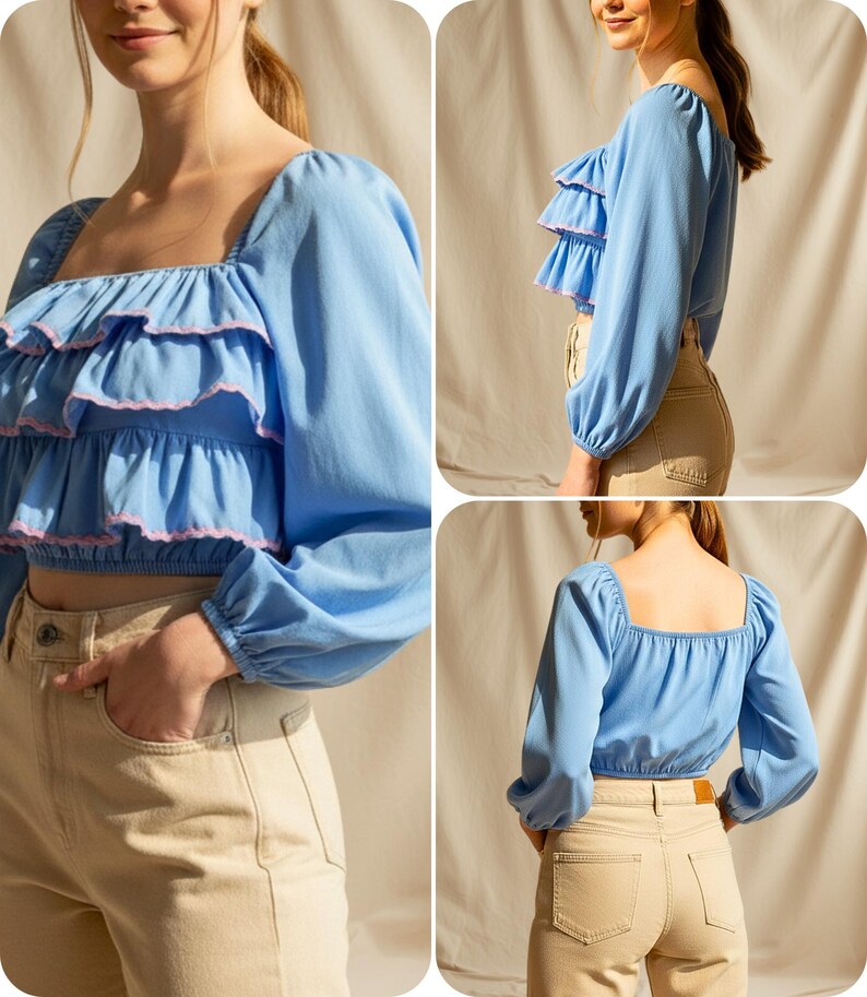 Layered Ruffle Front Blouse With Puff Long Sleeve Pdf Sewing Pattern ...