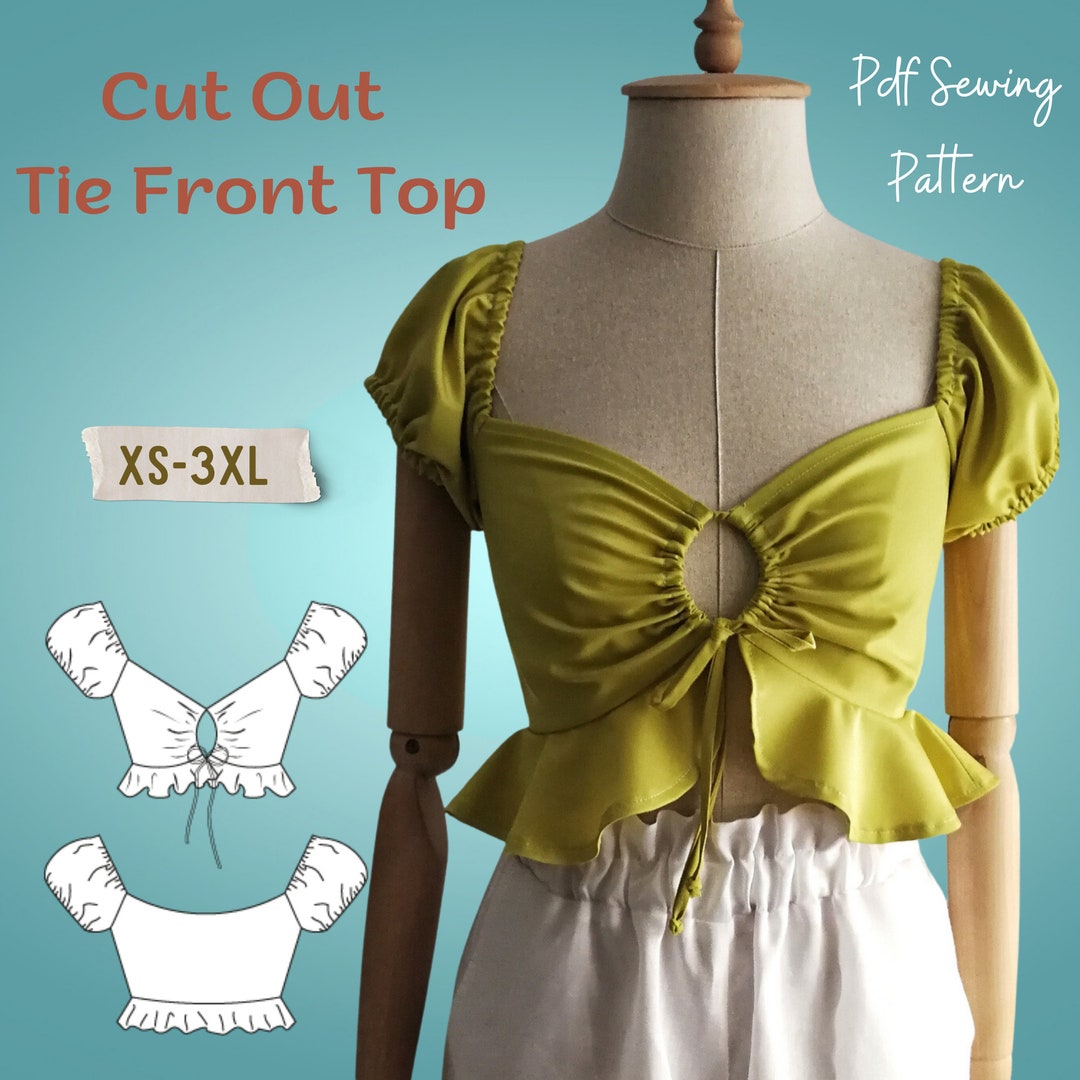 Cut Out Tie Front Ruffle Hem Crop Top PDF Digital Sewing Pattern Key ...