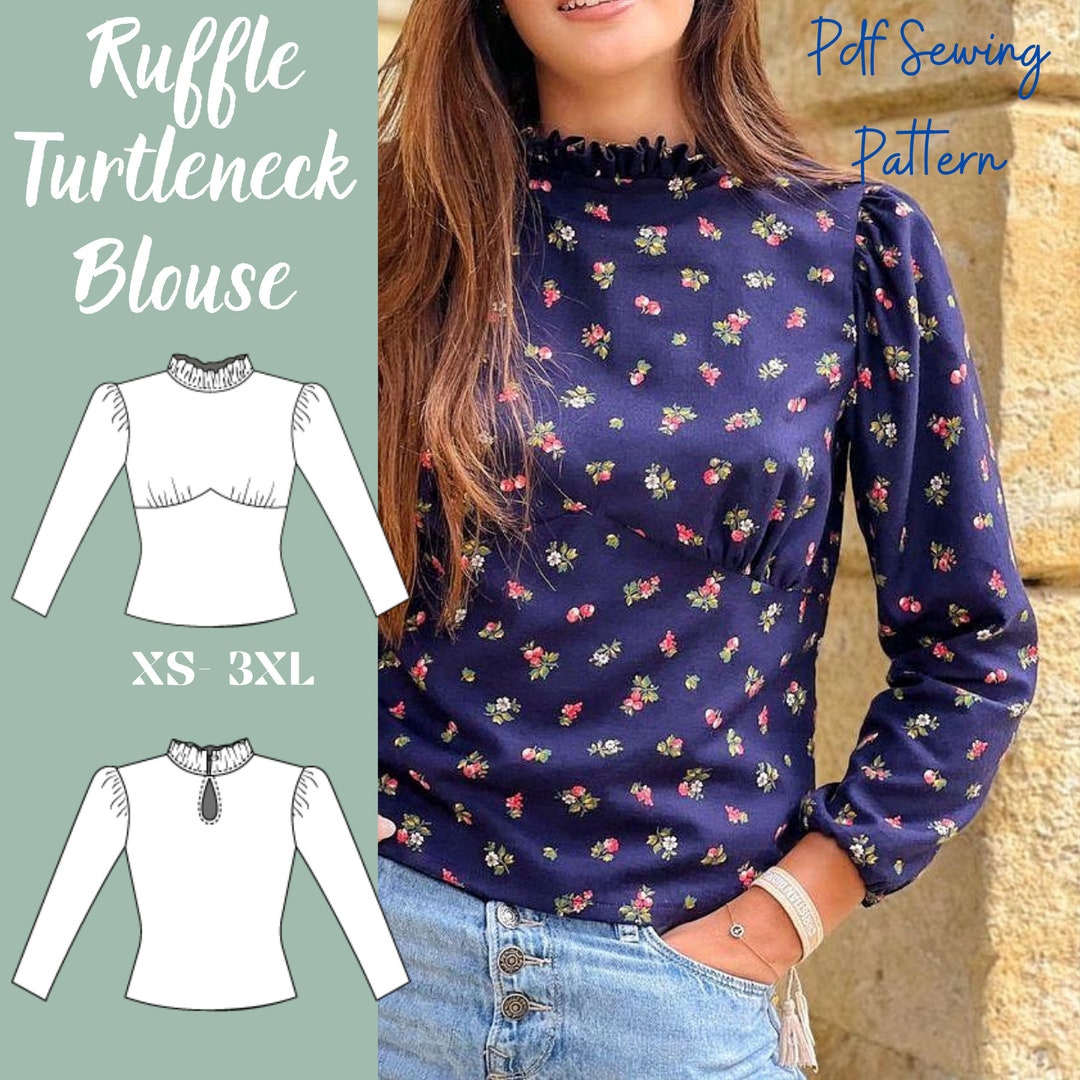 Ruffle Turtleneck Blouse Sewing Pdf Pattern- 3/4 Long Sleeve Top ...