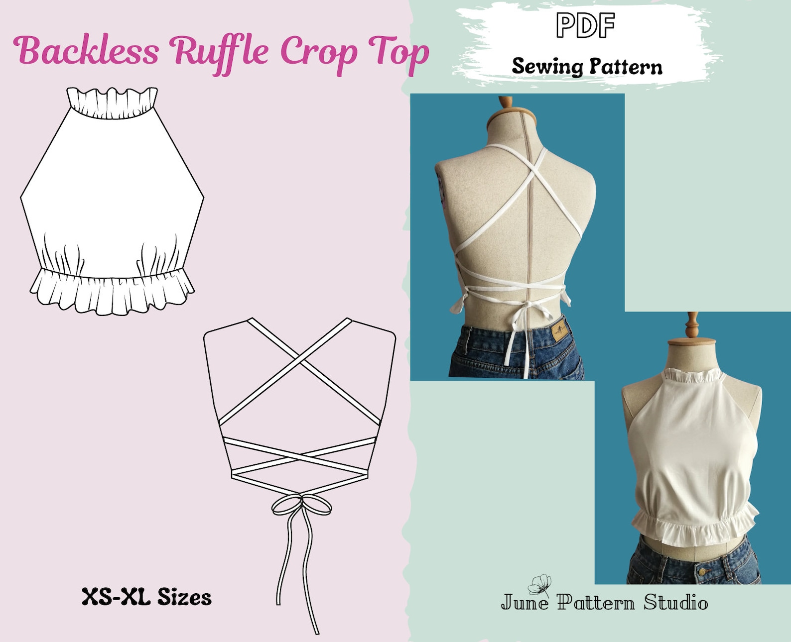 Backless Ruffle Crop Top Sewing Pattern Printable Sewing | Etsy