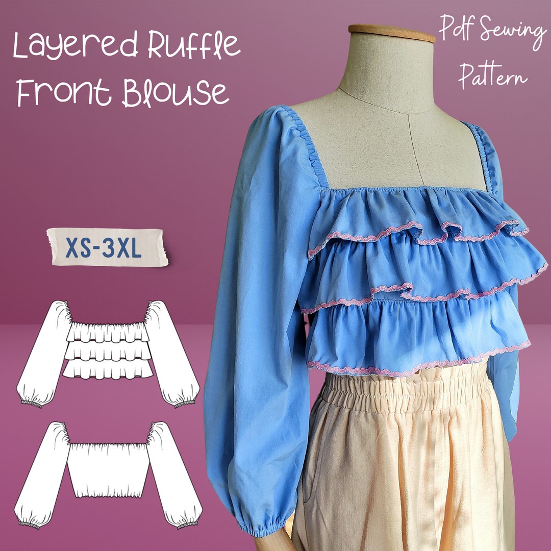 Layered Ruffle Front Blouse With Puff Long Sleeve Pdf Sewing Pattern- Well Made Trendy Digital ...