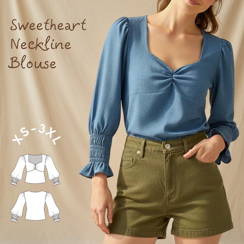 Sweetheart Neckline Puff Sleeve Blouse Pdf Sewing Pattern- Vintage ...