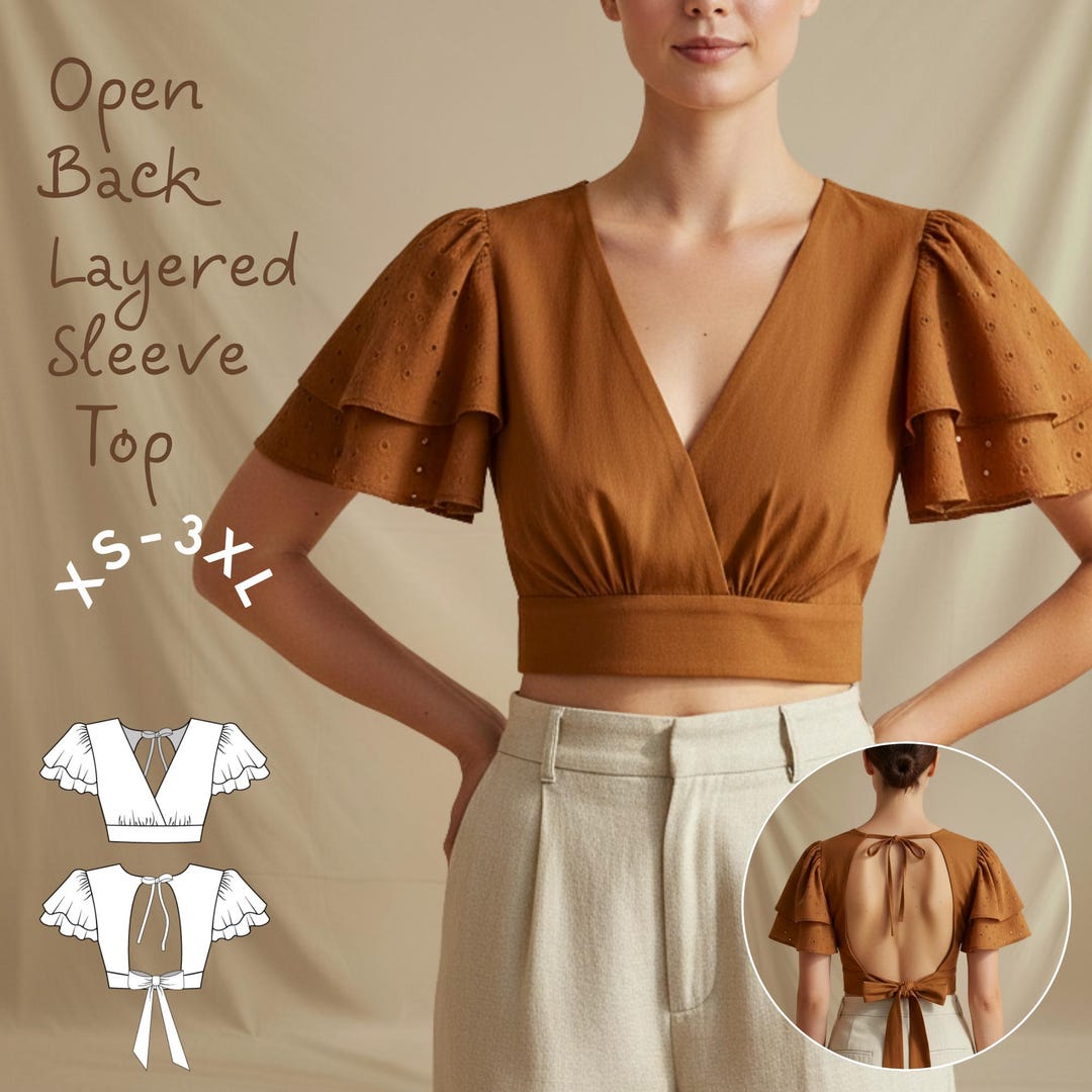 Open Tie Back Blouse PDF Sewing Pattern: Layered Sleeve Crop Top (XS ...
