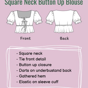 Square Neck Tie Front Puff Sleeve Blouse -button up Shirt Pdf Sewing ...