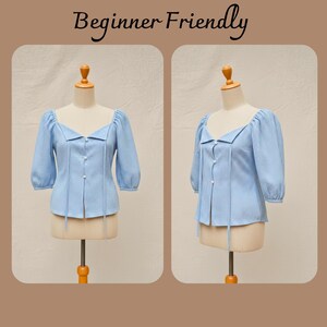 Loop Button Front Puff Sleeve Blouse,tie Neck Top Pdf Sewing Pattern ...