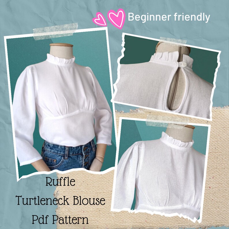 Ruffle Turtleneck Blouse Sewing Pdf Pattern 3/4 Long Sleeve - Etsy