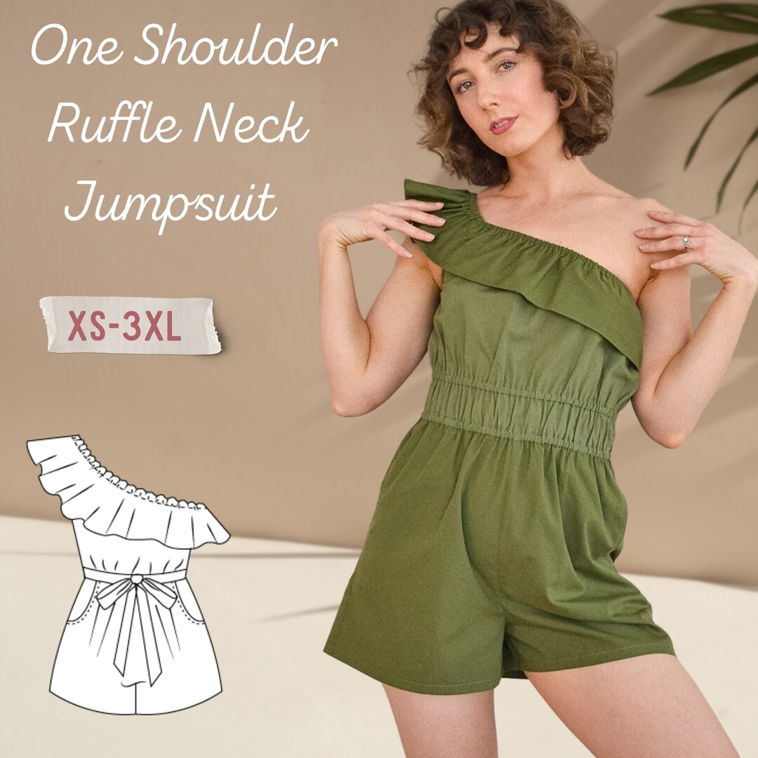 One Shoulder Ruffle Neck Short Jumpsuit With Pockets PDF Sewing Pattern ...