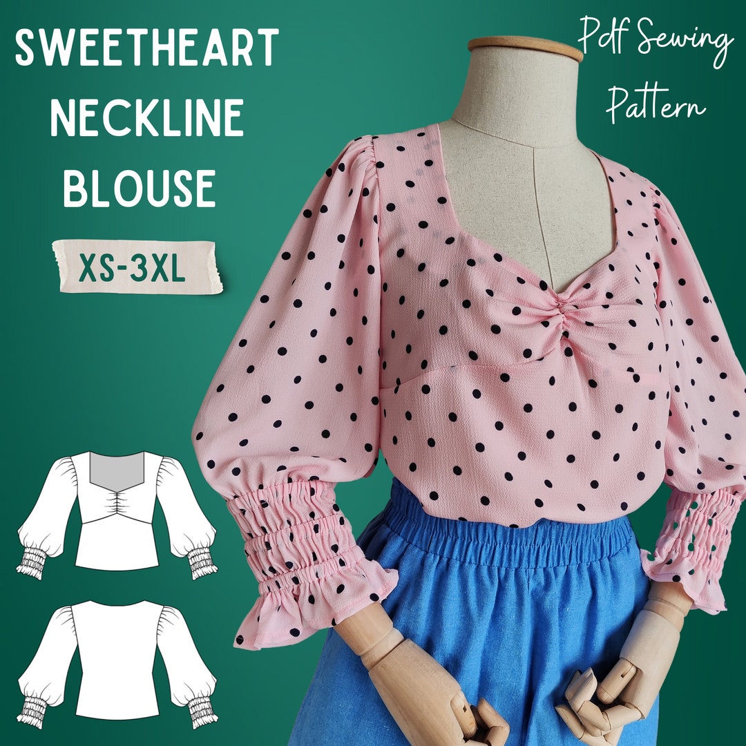 Sweetheart Neckline Puff Sleeve Blouse Pdf Sewing Pattern- Vintage ...
