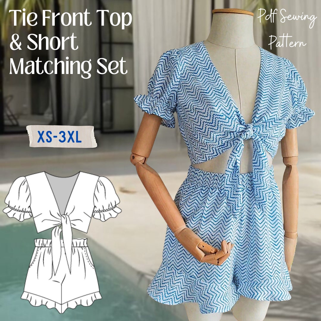 Tie Front Top & High Waist Flounce Hem Short Matching Set PDF Sewing ...