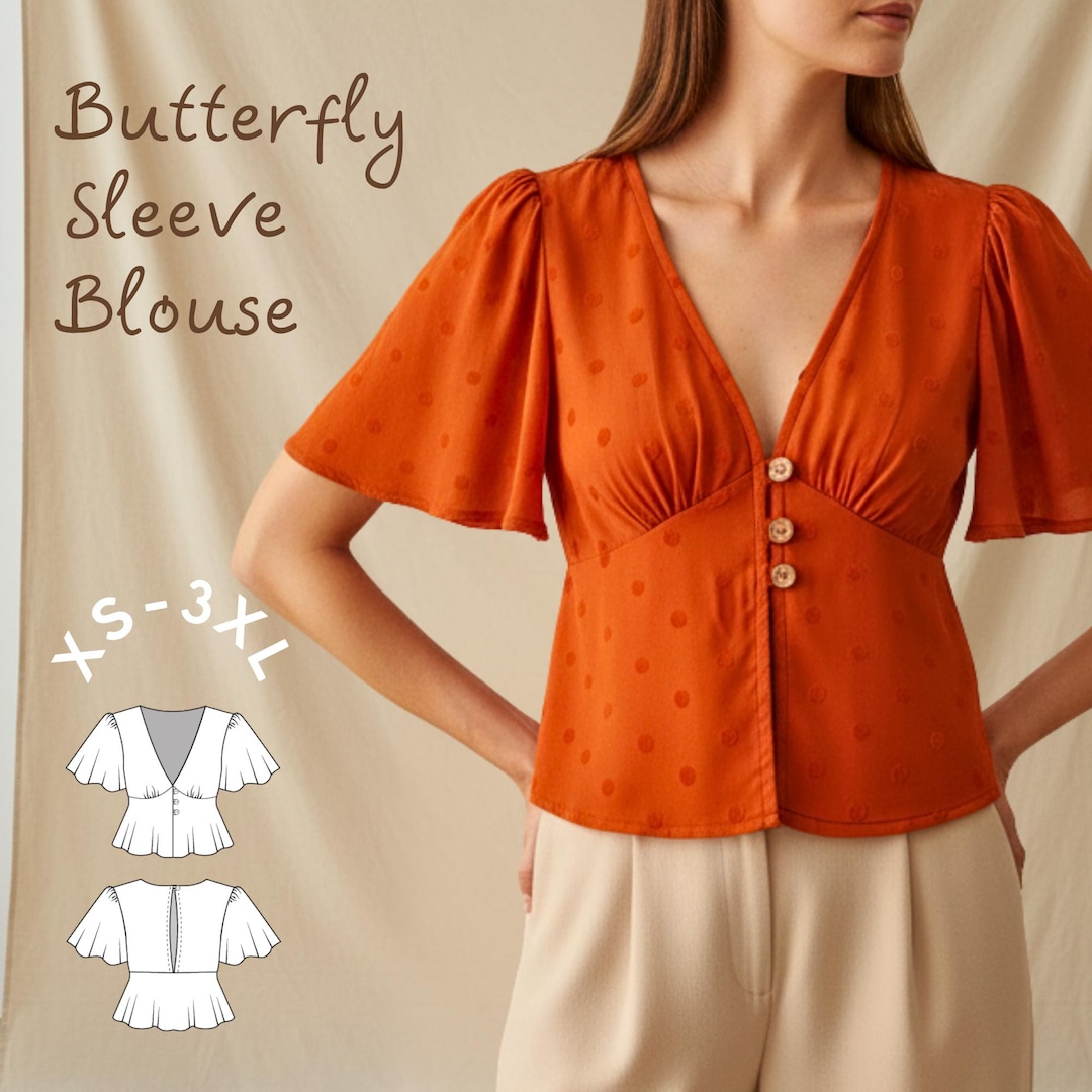 Butterfly Sleeve Blouse PDF Sewing Pattern: Deep V Neck, Slit Back (XS ...