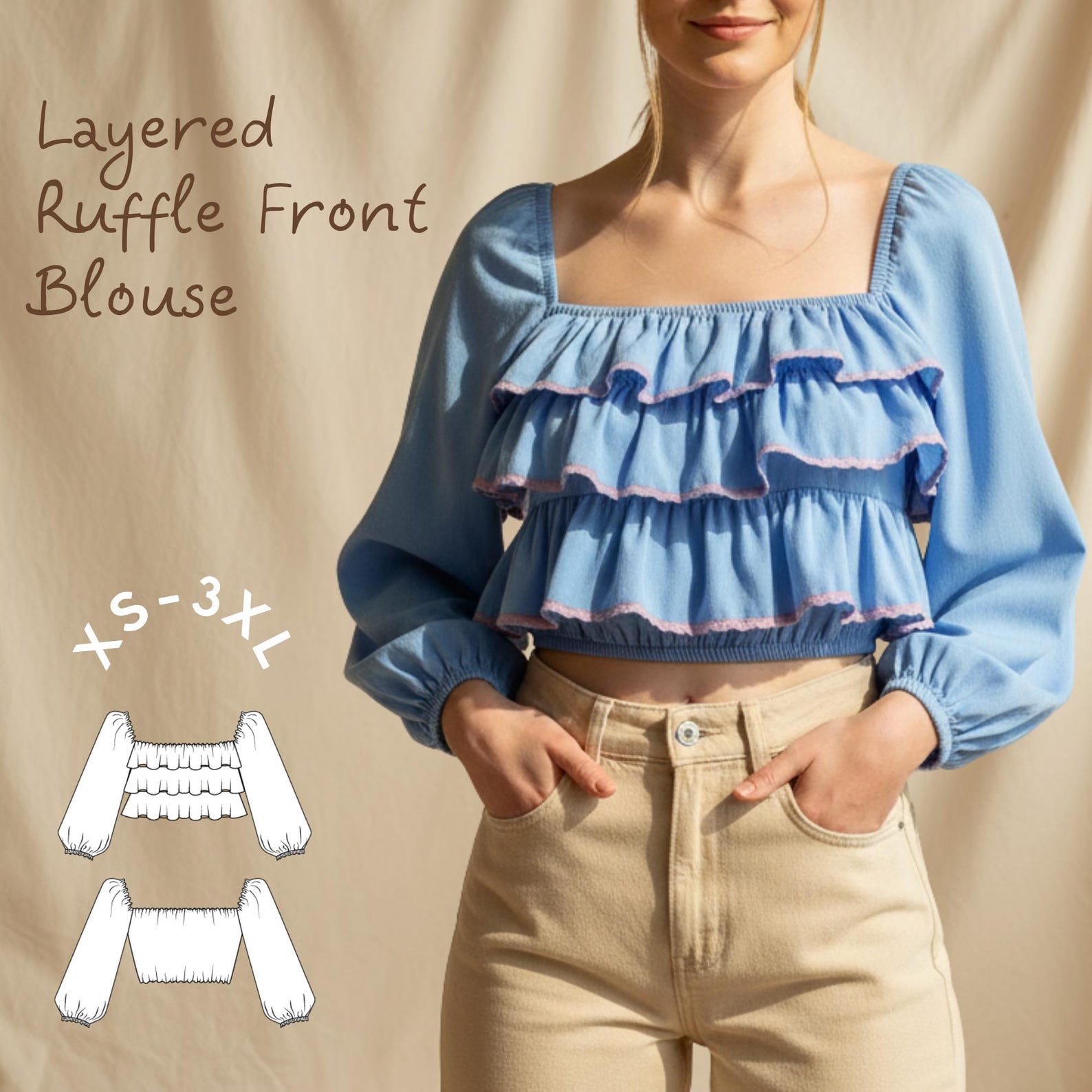 Layered Ruffle Front Blouse With Puff Long Sleeve Pdf Sewing Pattern ...