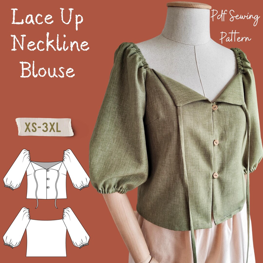 Loop Button Front Puff Sleeve Blouse,tie Neck Top Pdf Sewing Pattern ...