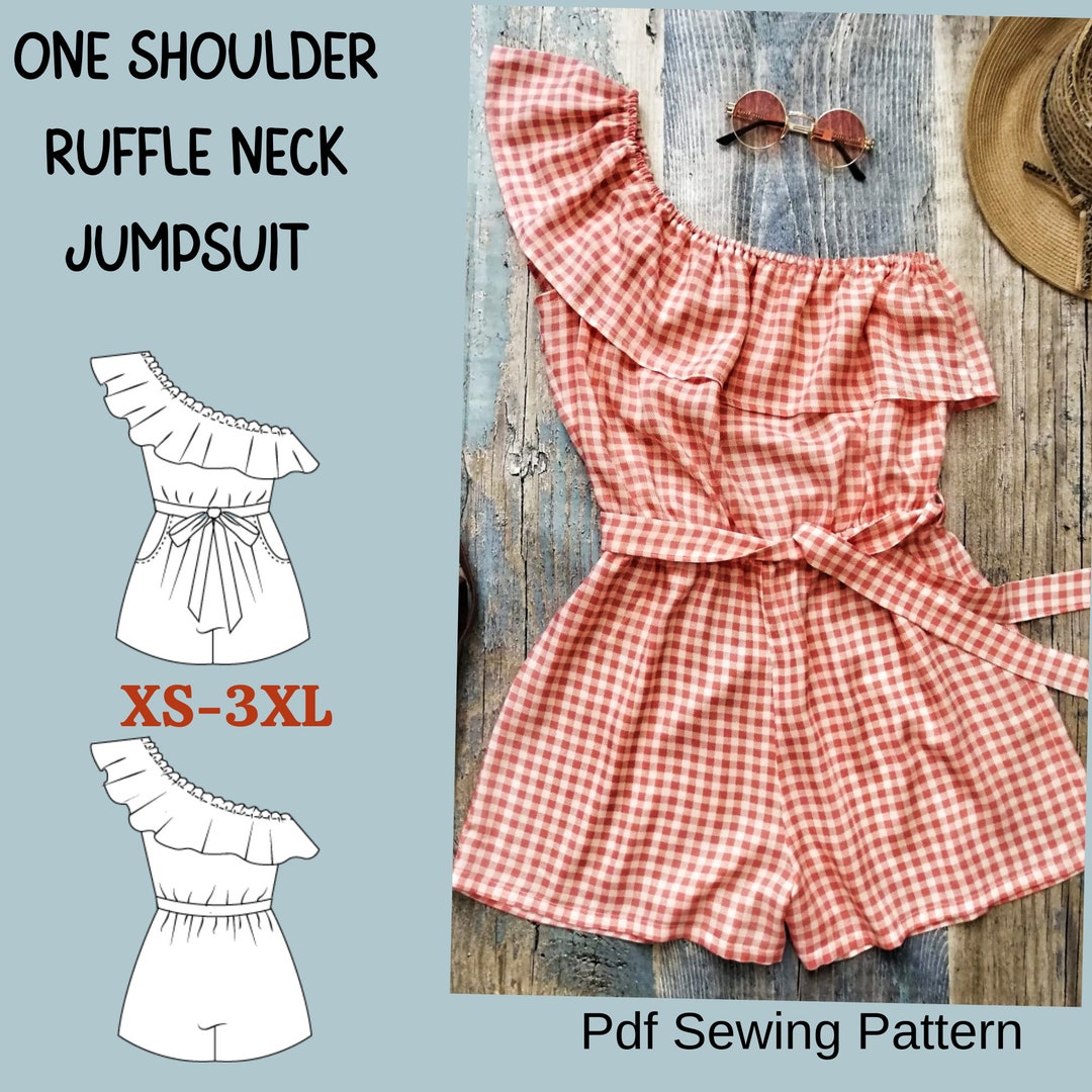 One Shoulder Ruffle Neck Short Jumpsuit PDF Sewing Pattern Printable ...