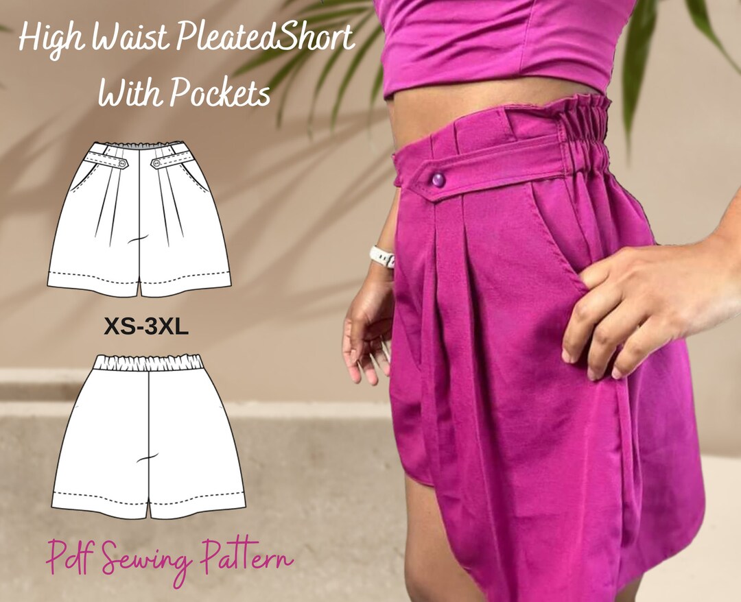 High Waist Pleated Half Elastic Waistband Short With Pockets Pdf Sewing ...