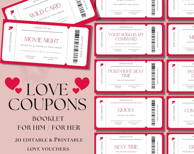 Printable Love Coupons Book for Her for Him, Customizable Valentines Day Coupon, Gift for Him ...