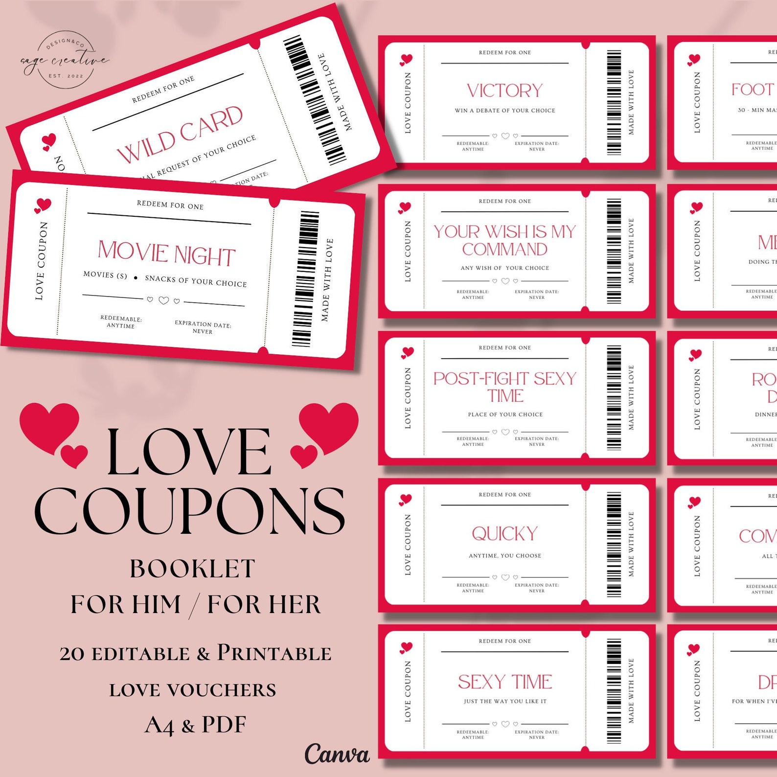 Printable Love Coupons Book for Her for Him, Customizable Valentines ...