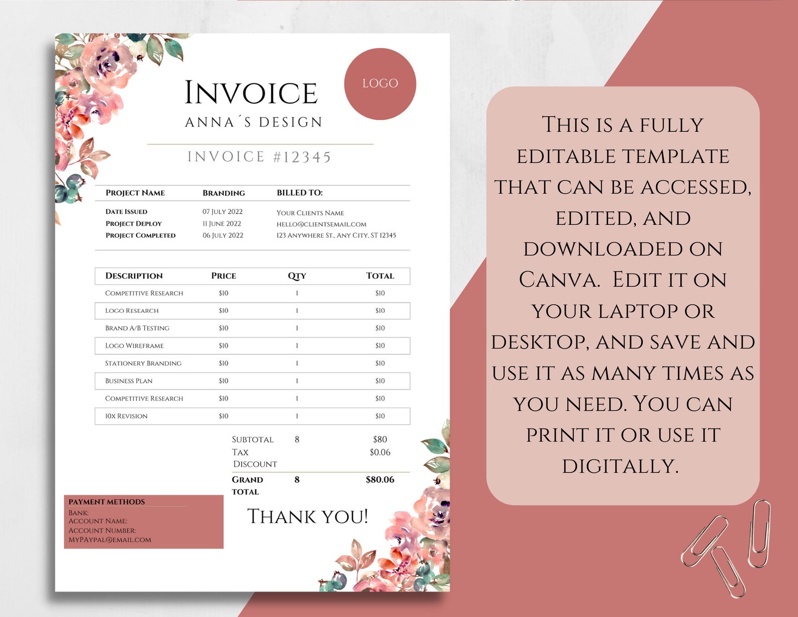 Invoice Canva Template Download, Business Invoice, Order Form, Digital ...