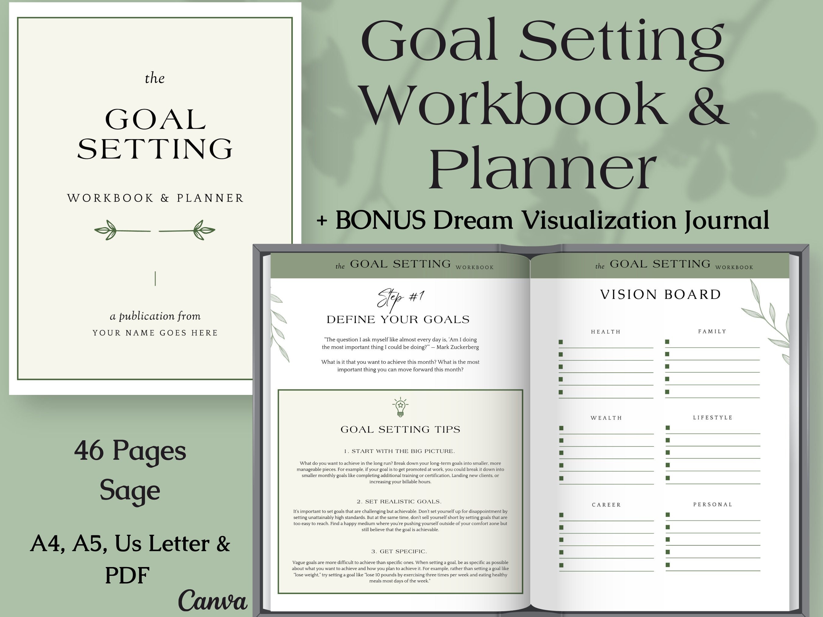 Printable Goal Setting Workbook and Planner Canva Template, Vision ...