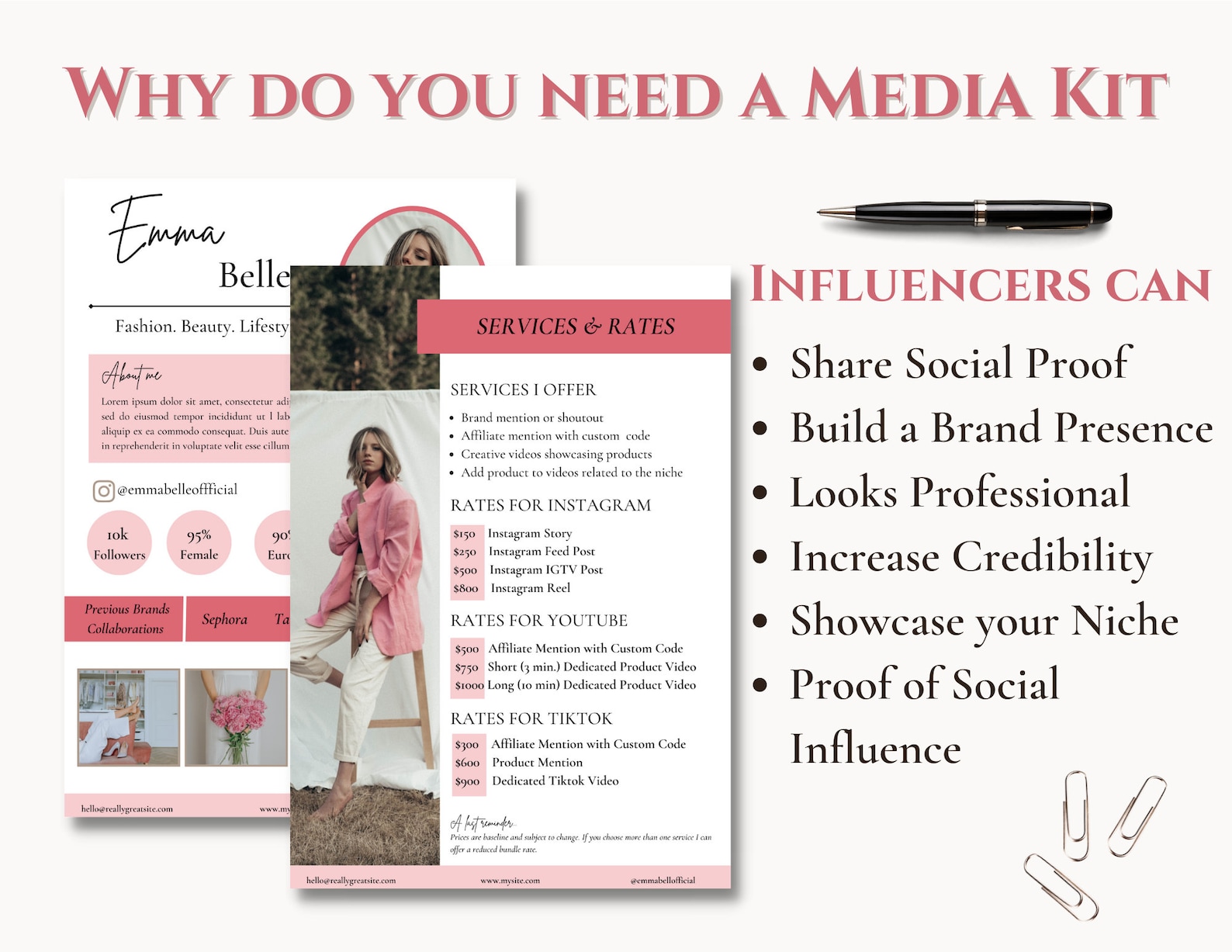 2 Page Media Kit Template & Rate Sheet | Instagram Influencer, Blogger ...