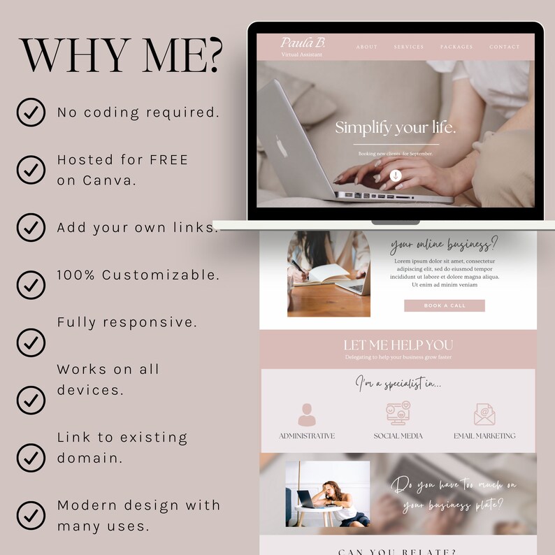 Virtual Assistant Canva Website Template, Canva Sales Page, Virtual ...