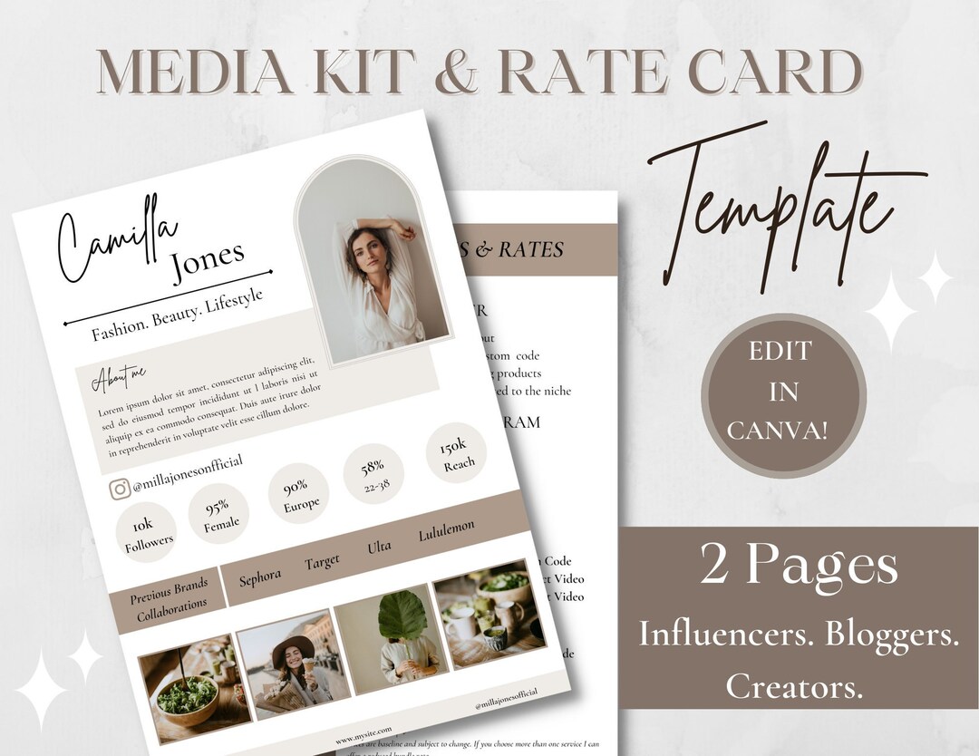 2 Page Media Kit & Rate Card Template | Instagram Influencer, Blogger ...