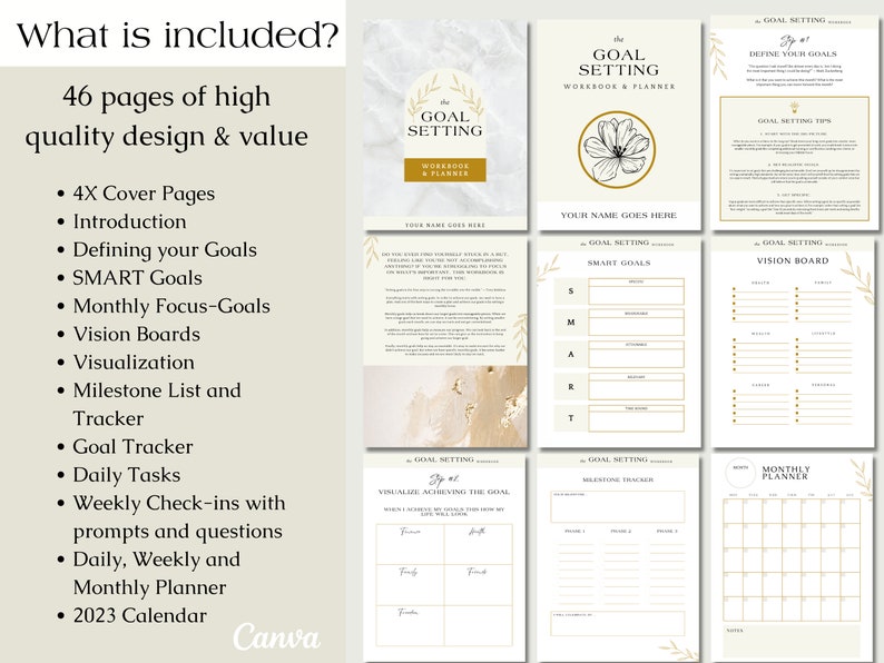 Printable Goal Setting Workbook and Planner Canva Template, Vision ...