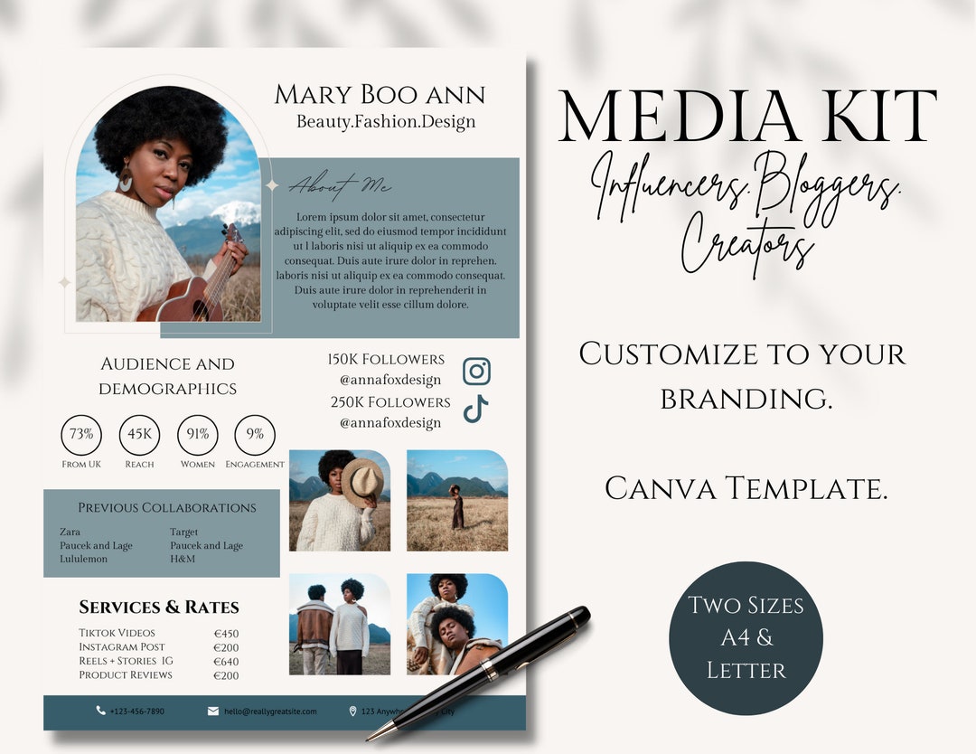 1 Page Media Kit Template & Rate Card, Instagram Influencer, Blogger ...