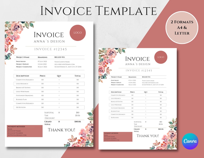 Invoice Canva Template Download, Business Invoice, Order Form, Digital ...