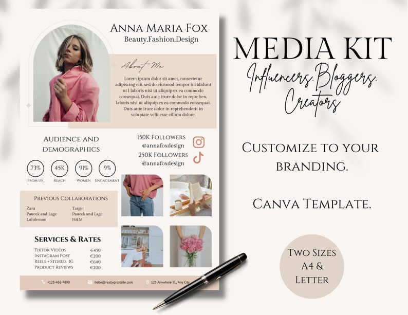 1 Page Media Kit Template & Rate Card, Instagram Influencer, Blogger ...