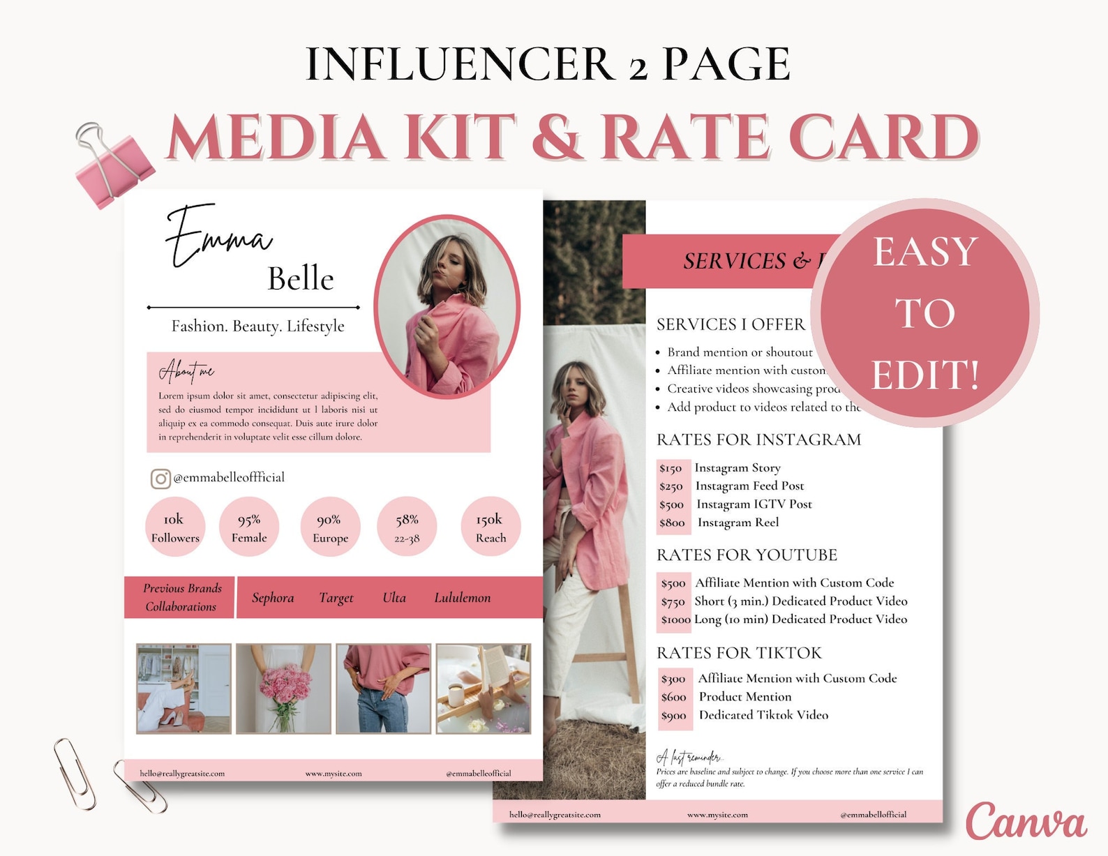 2 Page Media Kit & Rate Card Template | Instagram Influencer, Blogger ...