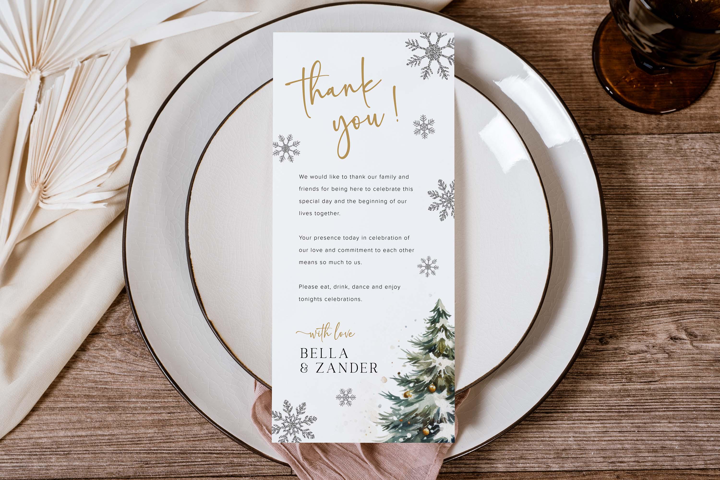 Winter Thank You Note Template, Thank You Place Card, Place Setting ...