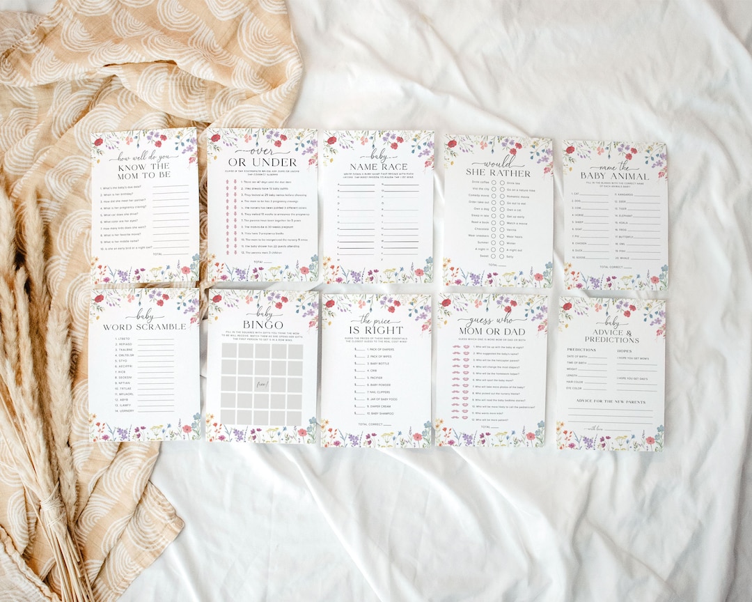 Baby Shower Games Bundle Template, Wildflower Baby Shower Games Floral ...