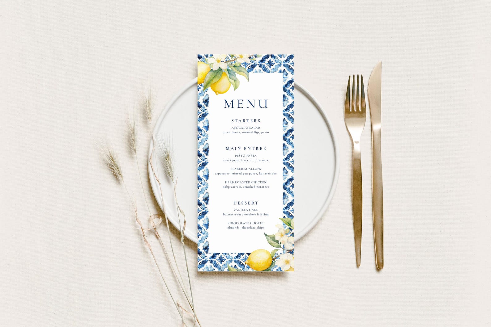 Mediterranean Wedding Menu Template, Italy Wedding Menu Blue Tile Lemon ...