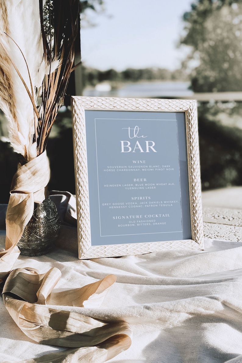 Dusty Blue Wedding Bar Menu Template, Minimalist Wedding Drink Menu ...