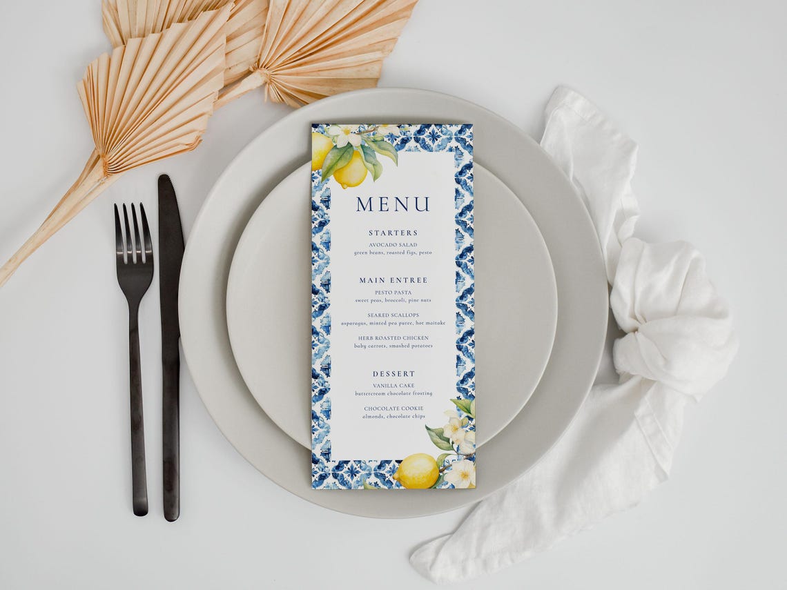 Mediterranean Wedding Menu Template, Italy Wedding Menu Blue Tile Lemon ...