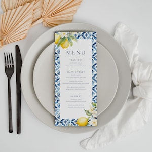 Mediterranean Wedding Menu Template, Italy Wedding Menu Blue Tile Lemon ...
